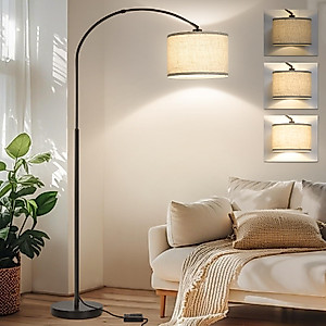 Dimmable Floor Lamp, Arc Floor Lamp with Dimmer, Black Standing Lamp with Adjustable Hanging Shade, Over Couch Tall Reading Light, Modern Pole Lamp for Living Room Bedroom, 8W LED Bulb Included