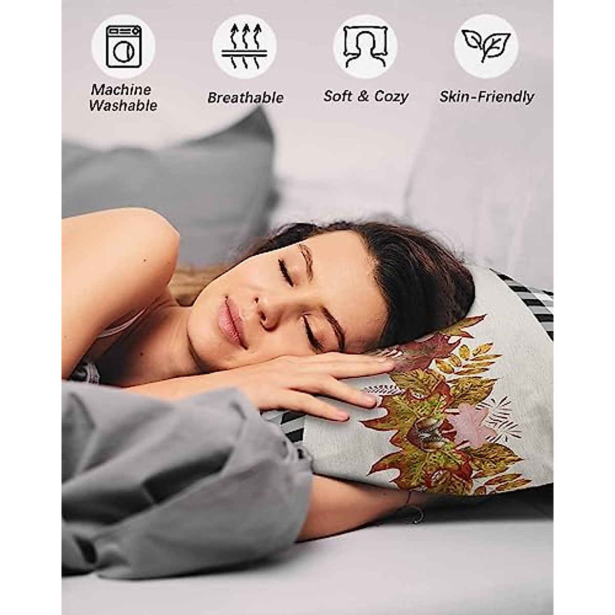 Edwiinsa Thanksgiving Pillow Covers Standard Size Set of 2 Bed Pillow, Farmhouse Fall Maple Leaf Black White Plaid Plush Soft Comfort for Hair/Skin Cooling Pillowcases with Envelop Closure 20''x26''