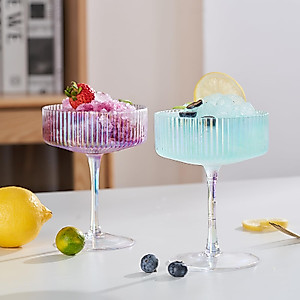 whatAmug Set of 2 Iridescent Champagne Coupe Glasses, Rainbow Ribbed Glass Set Gifts, Colorful Cocktail Glasses, Vintage Stem Design for Martini, Margarita, Champagne, Tequila-Based Drinks