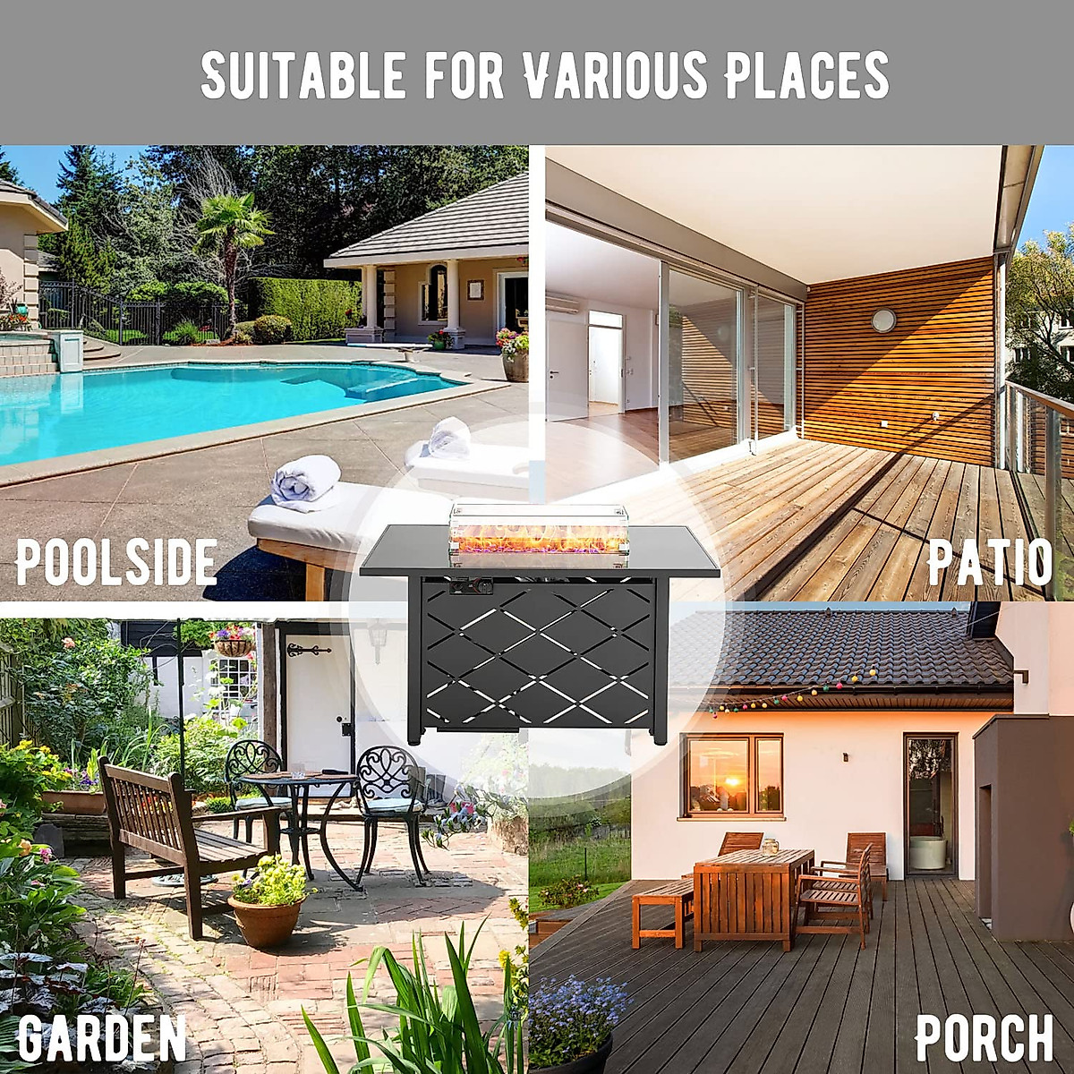 43 in Propane Fire Pit Table,Fire Pit Table with Glass Wind Guard,60,000 BTU Auto-Ignition Gas Fire Pit,CSA Certification and New Black Tempered Glass Tabletop ,for Outdoor, Patio