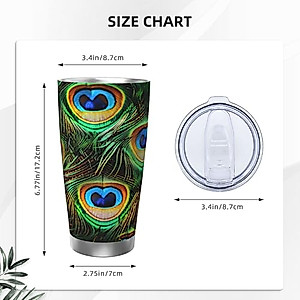 AYCZN Feather 20 OZ Tumbler Stainless Steel Travel Coffee Mug, Boho Peacock Insulated Water Bottle with Lid and 2 StrawsLeakproof Thermal Cup