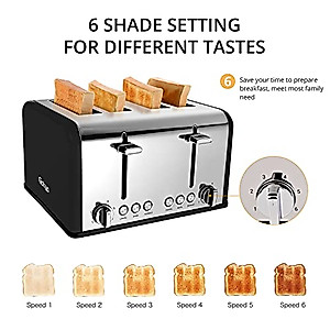 Gohyo 4 Slice Toaster 100% Stainless Steel with Wide Slots & Removable Crumb Tray for Bread & Bagels（4 Slice,Black）