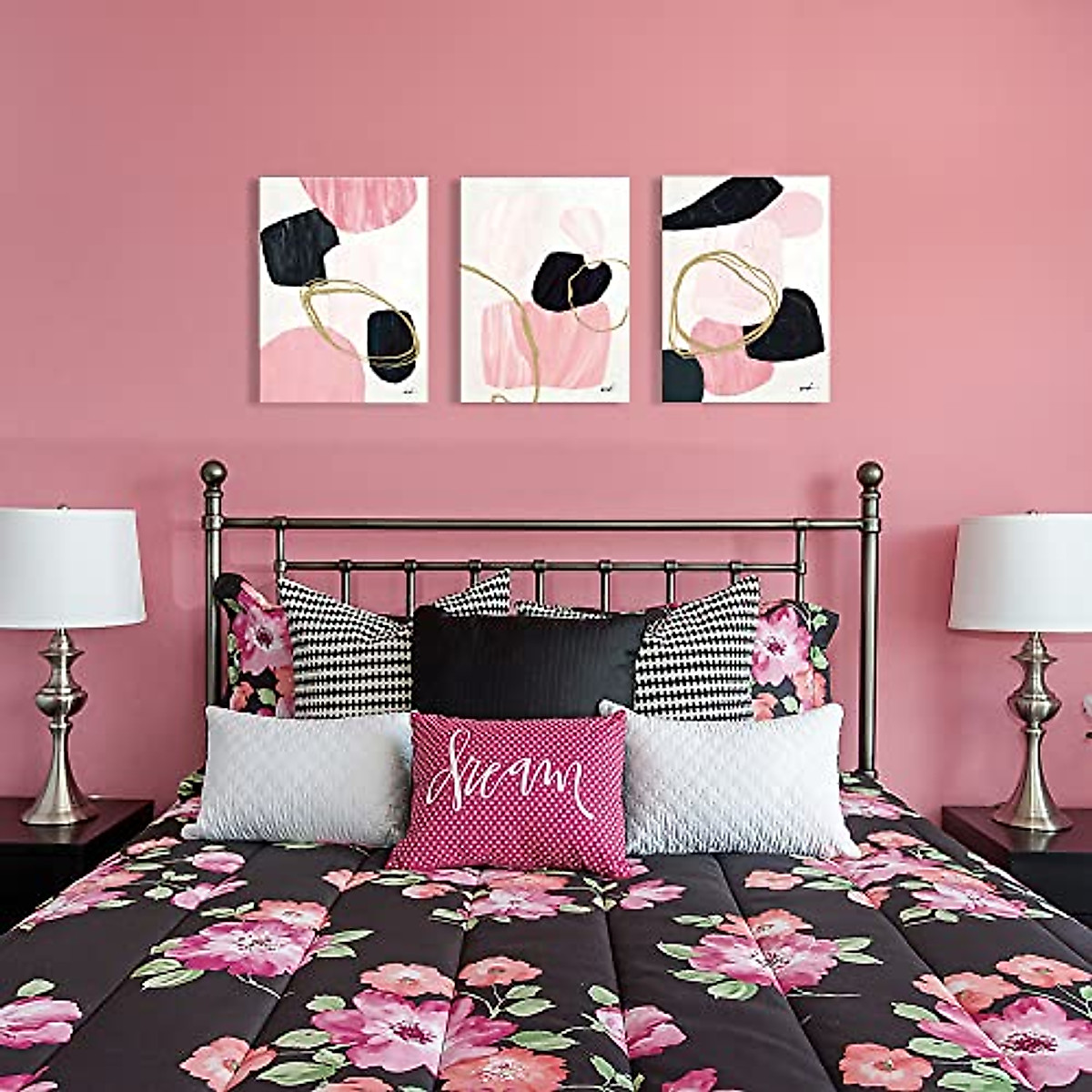 B BLINGBLING 3 Framed Pink Wall Decor: Blush Pink and Black Room Decor Black Pink Gray Gold White Abstract Canvas Art for Girls Bedroom Bathroom Office Living Room Home Decorations 12"x16"x3 Panels