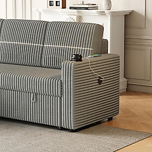 Fjzhai 85" Sectional Sleeper Sofa Bed with Storage Chaise, L Shaped Pull Out Couch Bed with USB Port and Cup Holders,Corduroy Modular Sofa,Small Couch for Living Room,Apartment,Office (Light Grey)