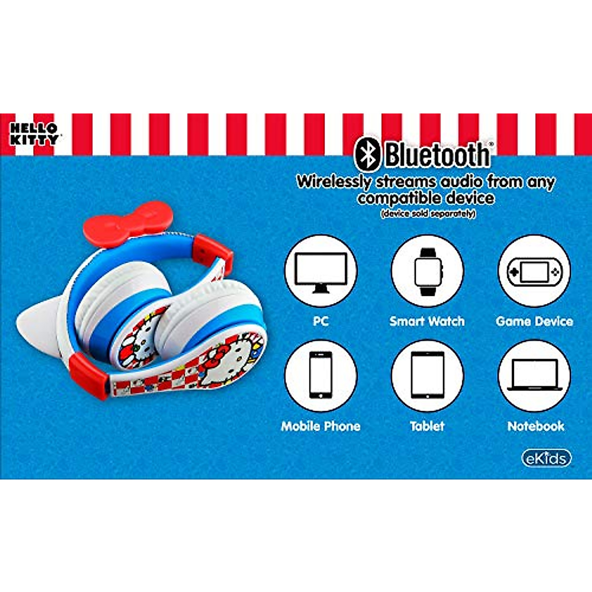 eKids Hello Kitty Kids Bluetooth Headphones, Wireless Headphones with Microphone Includes Aux Cord, Volume Reduced Kids Foldable Headphones for School, Home, or Travel