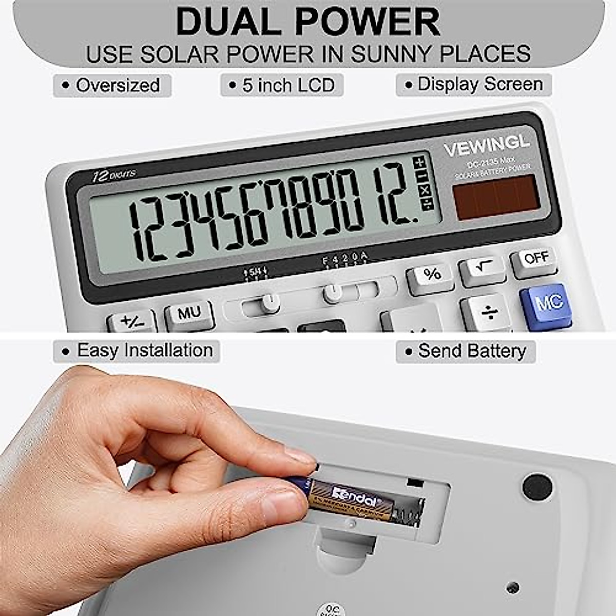 Desk Calculator 12 Digit, Large Computer Keys,Desktop Dual Power Battery and Solar, Calculator with Large LCD Display for Office,School, Home & Business Use,Automatic Sleep.7.6 * 6.4in (Black)