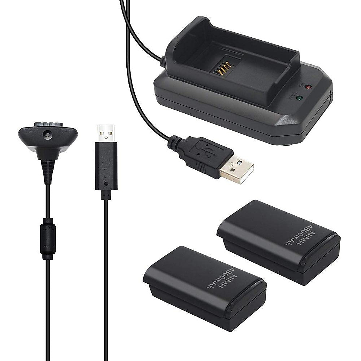 Cotchear Double 4800mAh Rechargeable Battery Pack + USB Charger Cable Pack + Charging Base for Xbox 360 Controller - Black