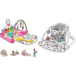 Fisher-Price Baby Playmat Deluxe Kick & Play Piano Gym With Musical -Toy Lights & Smart Stages Learning Content For Newborn To Toddler, Pink and Fisher-Price Baby Sit-Me-Up Floor Seat – Rainbow Showers