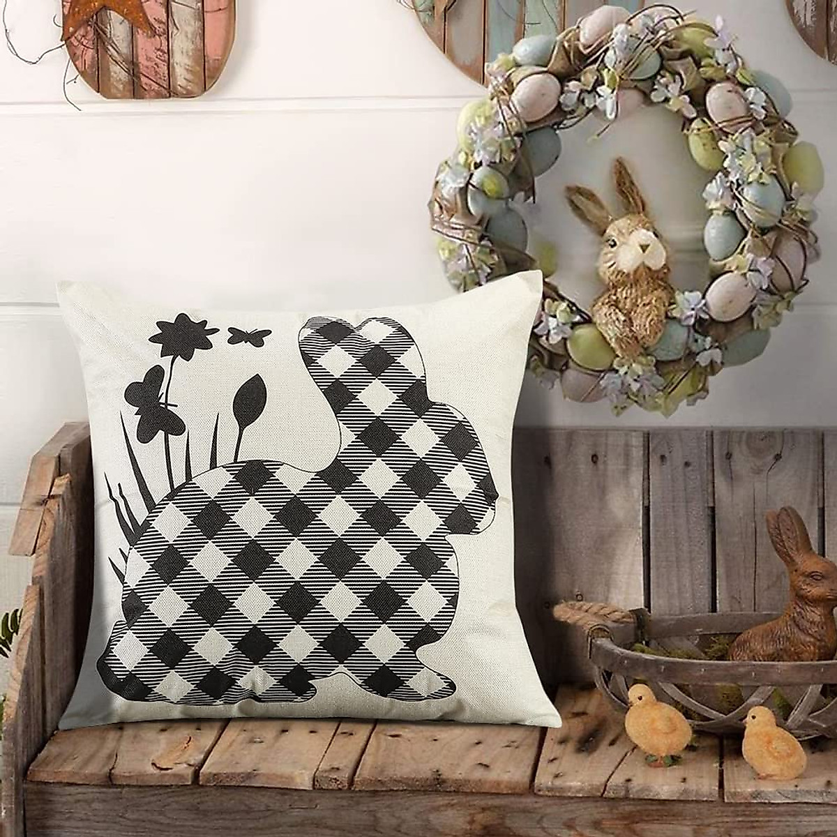 Ohok Easter Pillow Covers 18x18 Set of 4 Spring Pillow Covers Black and White Striped Rabbit Basket Decorative Pillow Covers for Farmhouse Home Decor Sofa Couch Chair Bed Bedroom Living Room