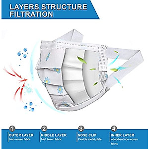 50 Pcs Disposable Face Masks, 3 Ply Cotton Face Mask, Adjustable Ear loops For Face Protection, Breathable Single Use Clearance Face Masks (50 Count (Pack of1), Flower Blue)