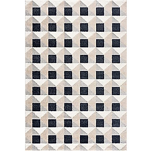 Abani Modern Print Cream & Black 4’ x 6’ Area Rug Rugs - Square Grid Pattern Contemporary No-Shed Bedroom Rug
