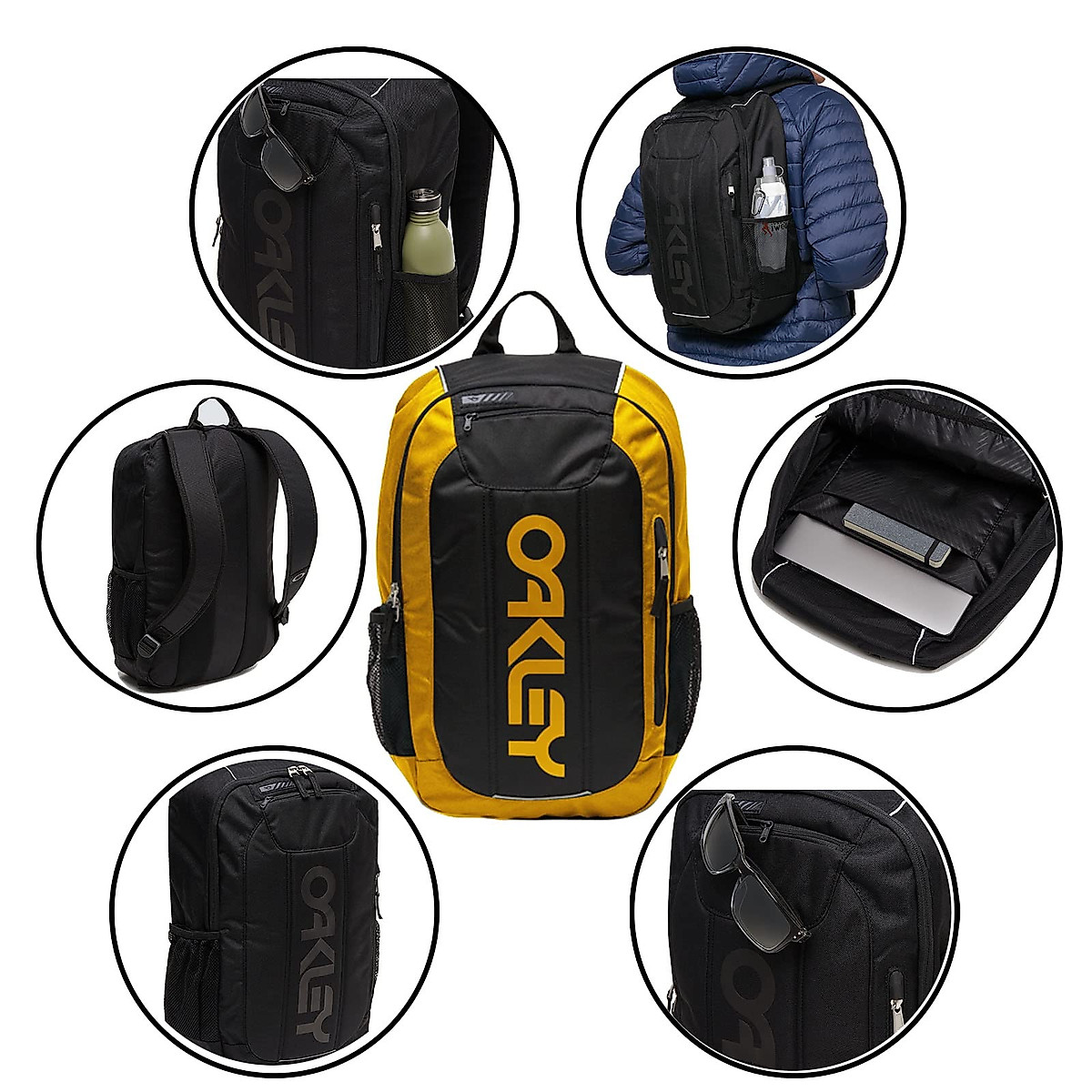 Oakley Men's 20L Enduro 3.0 Amber Yellow Backpack for Hiking Backpacking Camping Traveling + BUNDLE with Designer iWear Collapsible Water Bottle with Carabiner