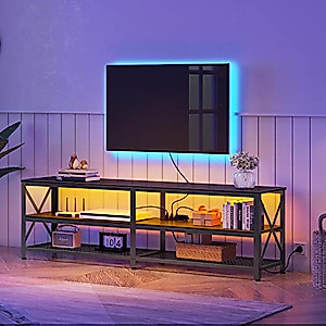 Rolanstar TV Stand with Led Lights & Power Outlets for 32/40/45/55/60/65/70 inch TVs, Entertainment Center with Open Storage, TV Table, 3-Tier Television Stands for Living Room, Black