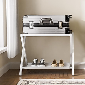 HITNET White Luggage Rack, Set of 2, Folding Suitcase Stand with Storage Shelf, Bamboo Luggage Holder with 5 Nylon Straps for Guest Room Bedroom Hotel