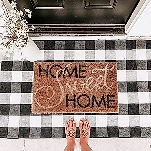 SEEKSEE Cotton Buffalo Plaid Rug 3'x 5' Black and White Hand Woven Checked Rug Washable Doormats Indoor Outdoor Rugs for Layered Front Door Mats, Porch, Kitchen, Farmhouse, Entryway