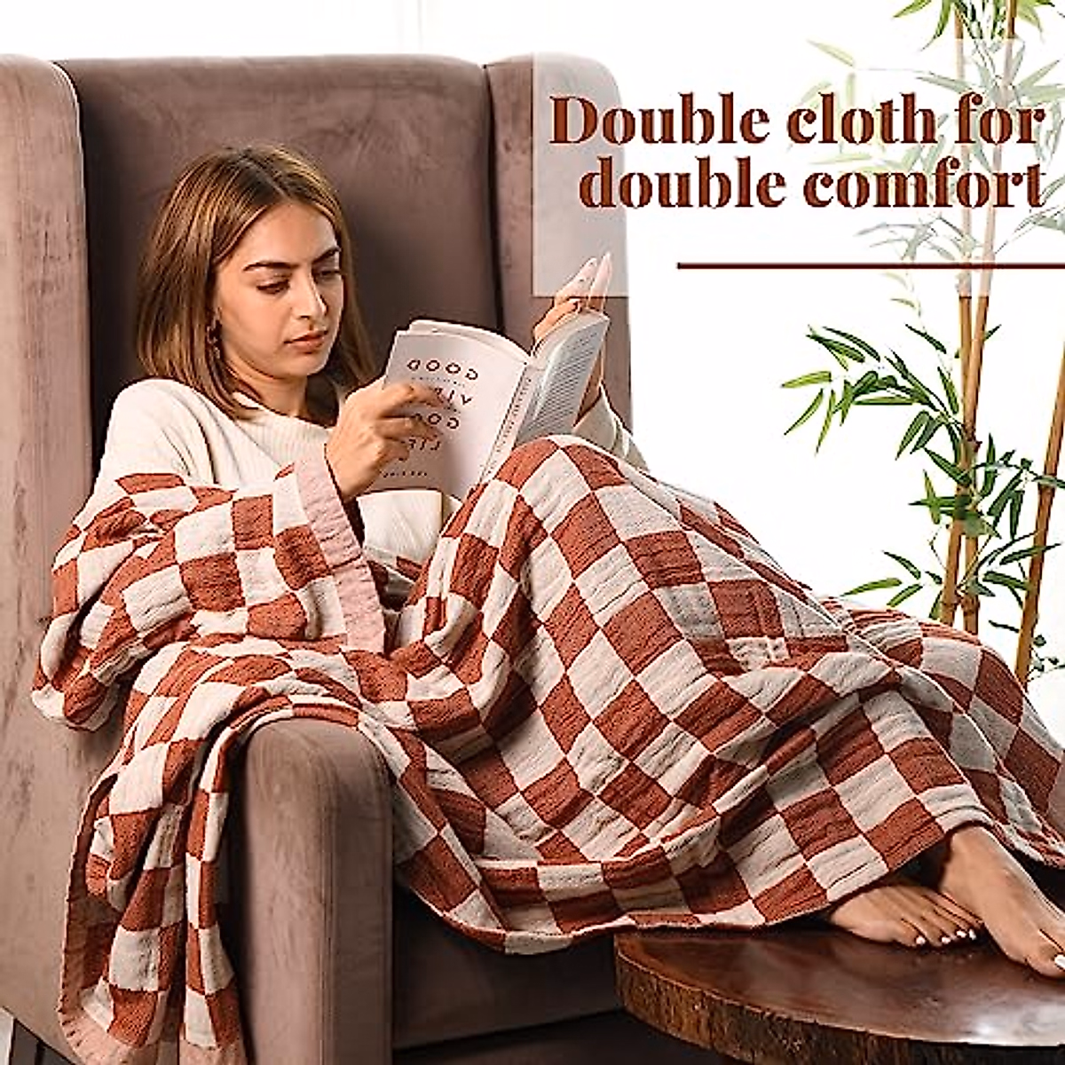 Folkulture 100% Cotton Throw Blanket, Rust Checks, 50x60in, Soft, Lightweight, Travel, Napping, All Seasons, Machine Wash