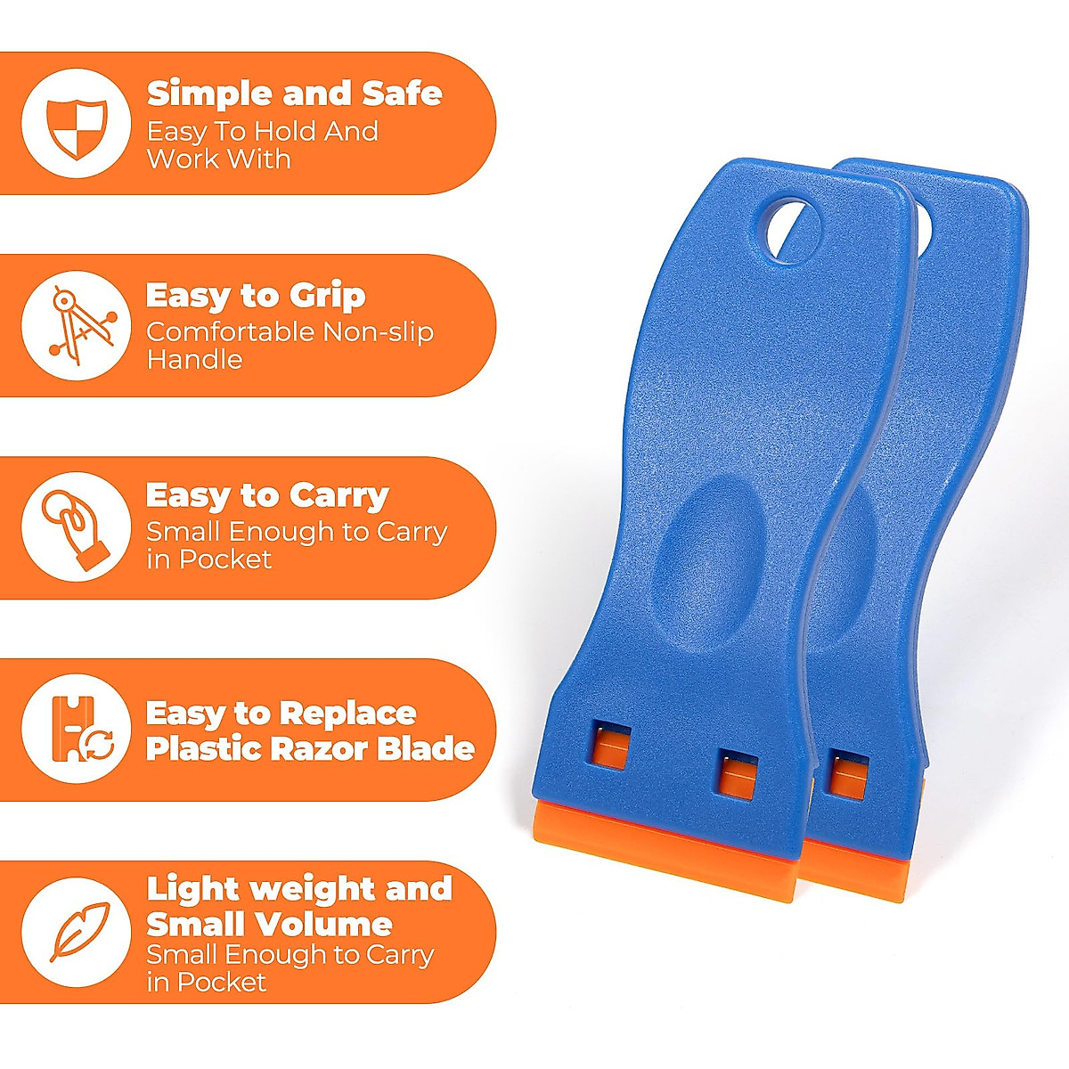 TECKWRAP Plastic Razor Blades Scraper Tool, 2-Pack with 100 Double-Edged Plastic Scraper Blades for Adhesive Vinyl Removal on Car Windows, Glass, Labels, Mugs, and More (Blue)