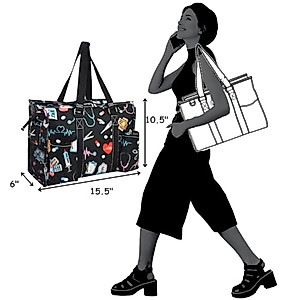 NGIL Utility Water Resistant Tote Bag, Top Zipper Closure, Perfect Gifts for Working Women, Nurses, Gym bag (Nurse Print-Black)