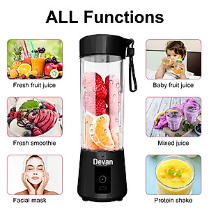 Portable Blender Smoothies Personal Blender Mini Shakes Juicer Cup USB Rechargeable 14oz. (Black)