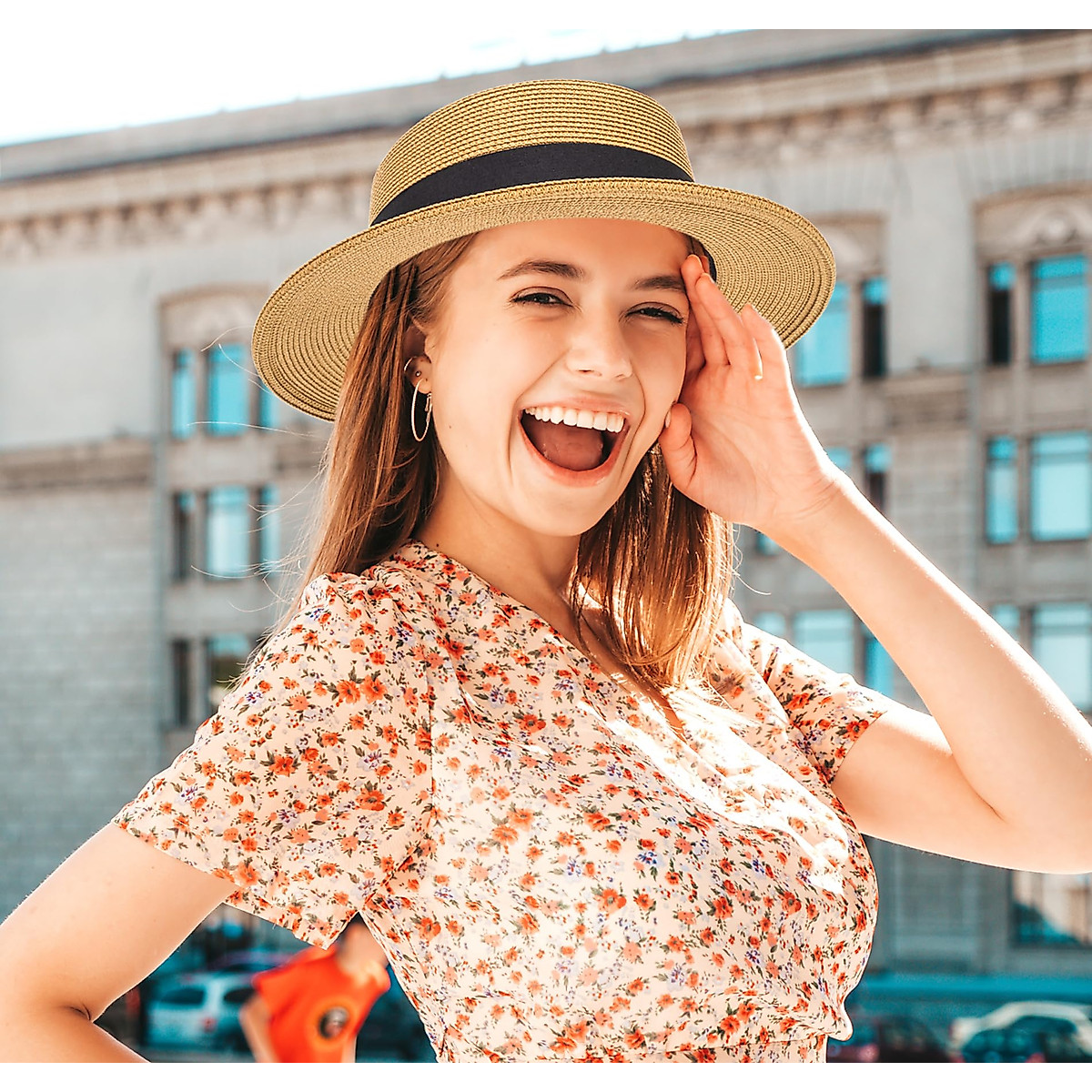 Women's Wide Brim Sun Hat Straw Panama Hat - UV-Protection Summer Boater Fedora Beach-Sun-Hats(M-L)