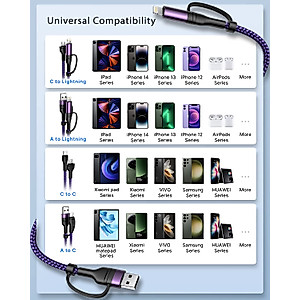 4 in 1 Fast Charging Cable 60W 6FT Apple MFi Certified USB C to Lightning Cable Nylon Braided USB A/C to C/Lightning Cable Multi iPhone Charger Cord for iPhone 16 15 14 13 Pro/iPad/Samsung/MacBook