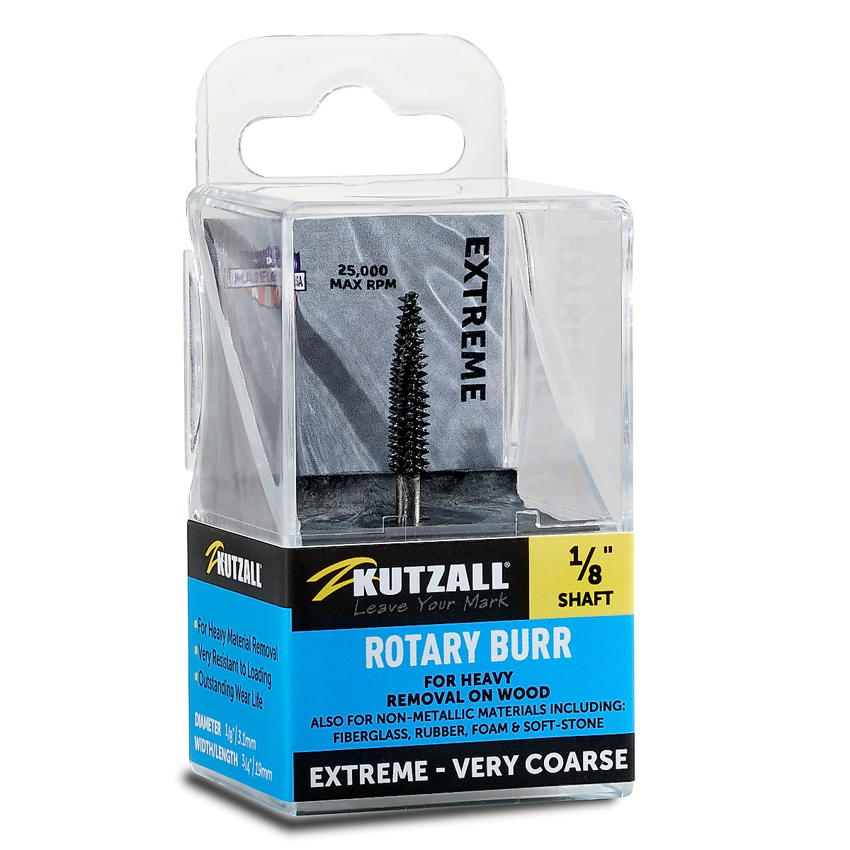 Kutzall Extreme Taper Rotary Burr, 1⁄8" Shaft, Very Coarse - Woodworking Attachment for Dremel, Foredom, DeWalt, Milwaukee. Abrasive Tungsten Carbide, 1⁄8" (3.1mm) Dia. X 7⁄8" (22.2mm) Length TX-18-EC