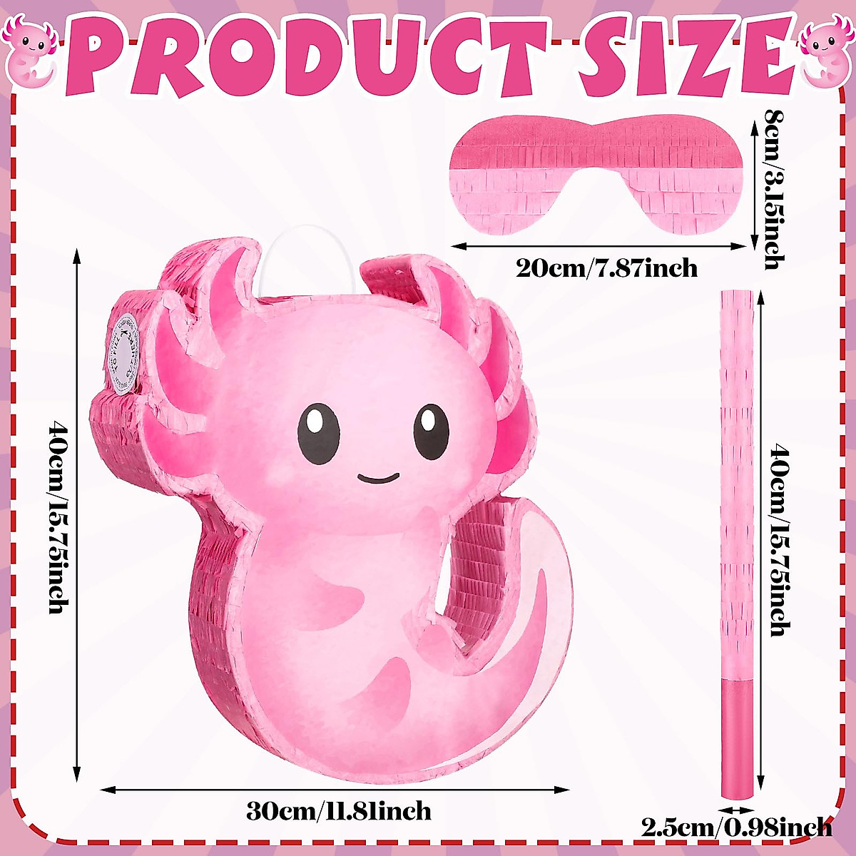 Leyndo Pink Axolotl Piñata for Birthday Party Pink Piñata with Stick Blindfold Confetti for adults Gift Halloween Party Decoration, Baby Shower, Axolotl Party Supplies, 15.7 x 11.8 Inch