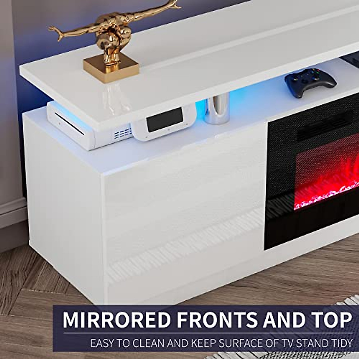 LUXOAK 80" Fireplace TV Stand, Modern High Gloss Finish Media Console with 40" Electric Fireplace, Open Storage Entertainment Center for TVs Up to 90" with LED Lights, White