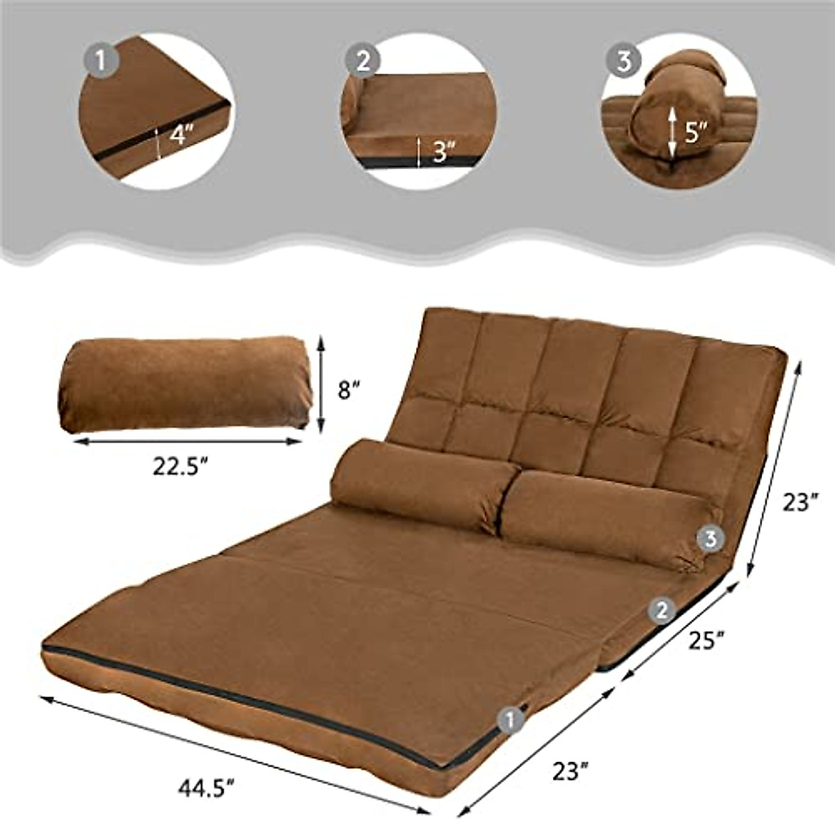 Walnut Foldable Floor Sofa Bed 6-Position Adjustable Couch with/ 2 Pillows Brown Adjustable Floor Sofa