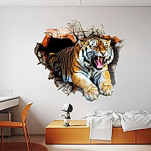 Pinenjoy 3D Tiger Wall Decal Smashed Wild Animal Wall Sticker 23.62x23.62inch Removable Self-Adhesive Vinyl Jungle Animal Wall Mural for Nursery Playroom Kids Room Bedroom Wall Decors