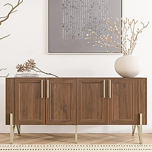 Tilly Lin 65" Mid Century Modern TV Stand, Modern Credenza Sideboard Buffet Cabinet, Walnut Media Console for Living Room, Boho Entertainment Center with Storage, Gold Metal Legs