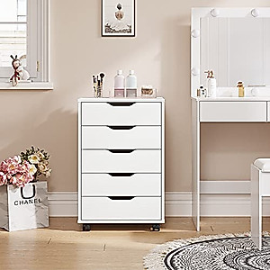 Panana 5/7 Drawer Chest, Wooden Tall Dresser Storage Dresser Cabinet with Wheels, Office Organization and Storage, Bedroom Furniture (White, 5 Drawer)