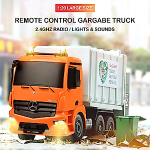 DOUBLE E Benz Licensed Remote Control Garbage Truck Electric Recycling Toy Set with Trash Bin Real Lights Rechargeable Waste Management Trash Truck Toys Gift for Kids