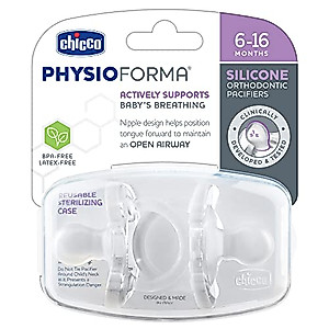 Chicco PhysioForma 100% Soft Silicone One Piece Pacifier for Babies aged 6-16 months | BPA & Latex Free | Reusable Sterilizing Case | Clear, 2pk