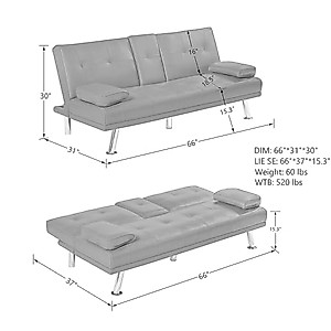 PAPAHUG Convertible Versatile Sleeper Folding Futon Bed,Adjustable Faux Leather Sofa Couch for Living Room,Metal Legs, 2 Cup Holders