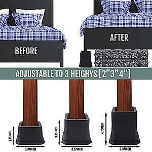 BTSD-home Bed Risers 2, 3 or 4 Inch Heavy Duty Furniture Risers Adjustable Dorm Bed Lifts Risers Table Desks Legs Blocks 4 Pack Black