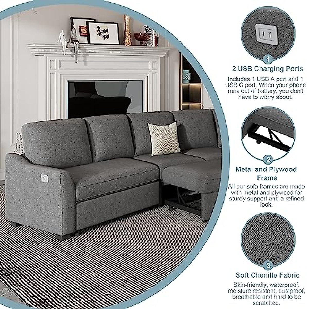P PURLOVE Sectional Sofa for Living Room, Sectional Sleeper Sofa with Pull-Out Bed, Modern Couch with USB Charging Port, Upholstered L-Shaped Sofa Couch for Bedroom, Large Space(Gray)