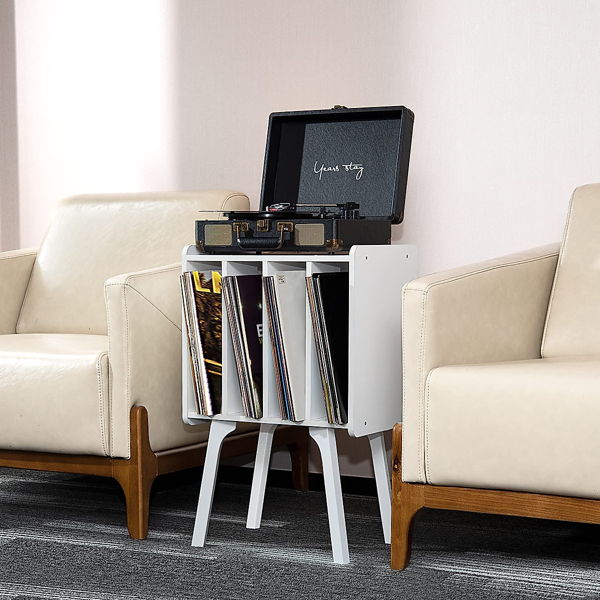 LELELINKY Small Record Player Stand - Width 11.7 In, White Vinyl Record Storage Table with 4 Cabinet Up to 80 Albums, Vinyl Holder with Wood Legs,Turntable Stand Display Shelf for Bedroom Living Room