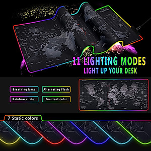 31.5"X12" Large Gaming Mouse Pad for Desk, RGB Mouse Pad with 11 Lighting Modes, Quality World Map Mouse Pad with Durable Strip Lighting, Waterproof LED Mouse Pad with Non-Slip Rubber Base