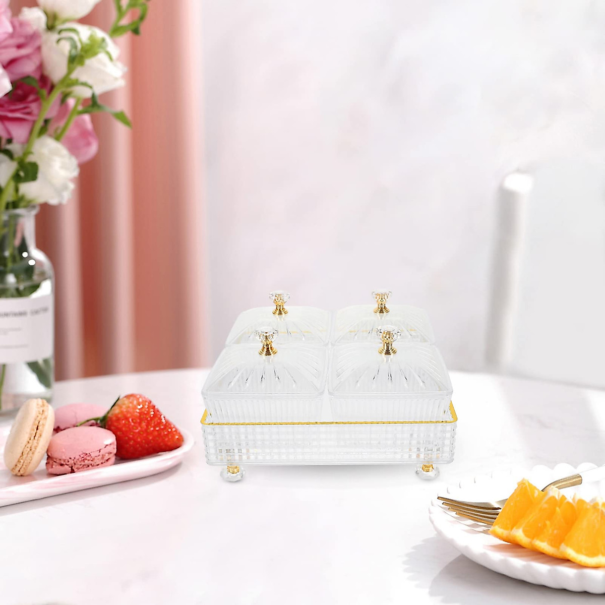 Zerodeko Serving Bowls 1 Set Divided Serving Dishes Snack Tray with Lid Appetizer Platter Food Storage Container with 4 Compartment for Home Party Transparent Decorative Tray