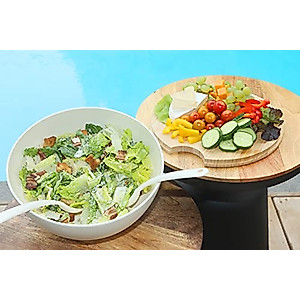 Clean Dezign 11.5" Large Salad and Serving Bowl with Bamboo Wood Lid and Servers Set - Bamboo Fiber Mixing Bowl and Utensils with Wooden Cutting Board Top (Large, Natural White)
