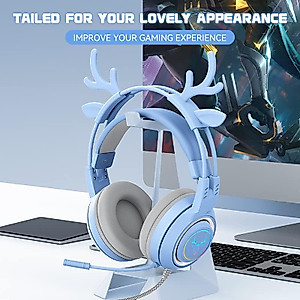 Atrasee Stereo Gaming Headset for PS4 PC Xbox One PS5 Controller, Noise Cancelling Over Ear Headphones with Mic, LED Light, Bass Surround, Soft Memory Earmuffs for Laptop Mac Nintendo (Blue Antlers)