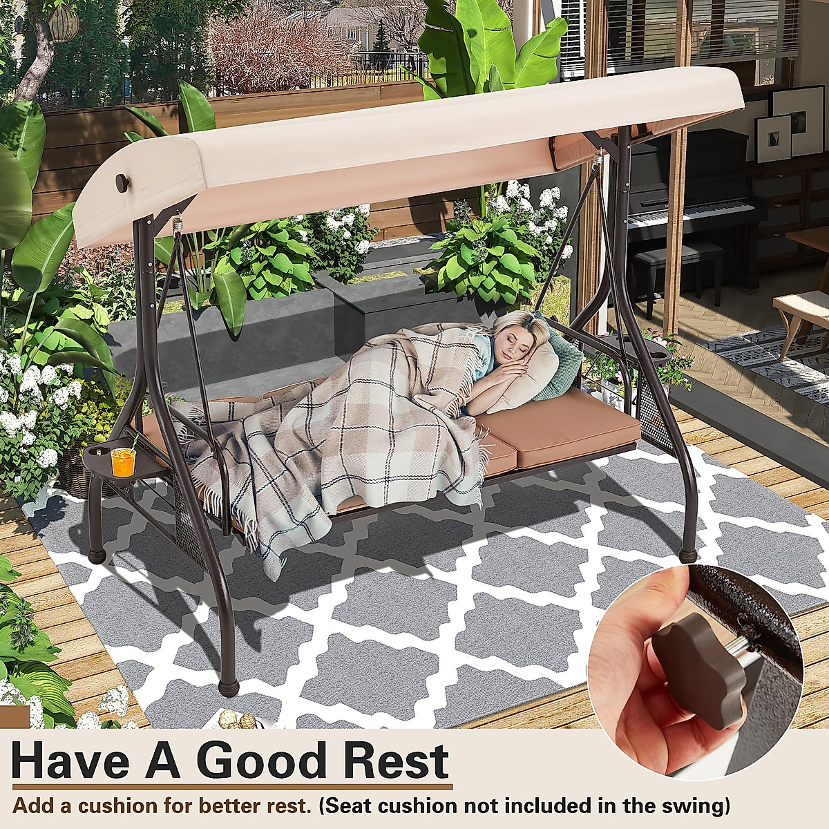 HOMREST Outdoor Porch Swing with Adjustable Canopy, Backrest, 3-Person Patio Canopy Swing Textilene Bed with Side Cup Holder, Pillow for Garden, Deck, Back Yard, Lawn (Khaki)