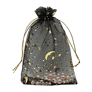 Jexila 100PCS Black Organza Bags 4X6 with Drawstring Jewelry Bags Small Moon Star Mesh Bags for Wedding Party Favor Candy Bags