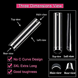 504Pcs No C Curve 3XL Extra Long Square Nail Tips for Acrylic Nails Professional, SWETIDY Clear Straight Flattened Half Cover False Nails Tips with Case for Nail Salons and Home DIY, 12 Sizes