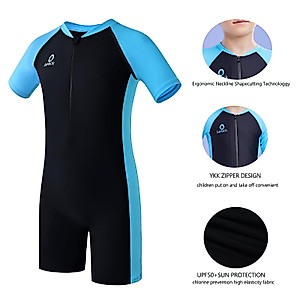 karrack Girls and Boys One Piece Rash Guard Swimsuit Kid Water Sport Short Swimsuit UPF 50+ Sun Protection Bathing Suits Black- Blue (Size 8-10Years)