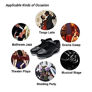 MSMAX Women's Jazz Tap Shoe Girls Mary Jane Leather Tap Dance Flats 6 M US Women Black