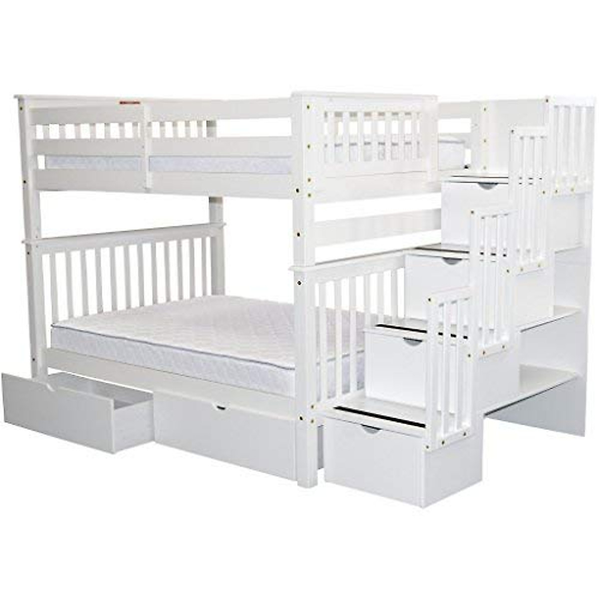 Bedz King Stairway Bunk Beds Full over Full with 4 Drawers in the Steps and 2 Under Bed Drawers, White