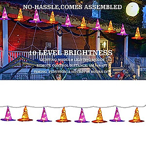 Dazzle Bright 8 Pcs Hanging Witch Hat String Lights, Light Up Waterproof Halloween Decorations with Remote Control for Outdoor Garden Party Carnival Supplies Decor