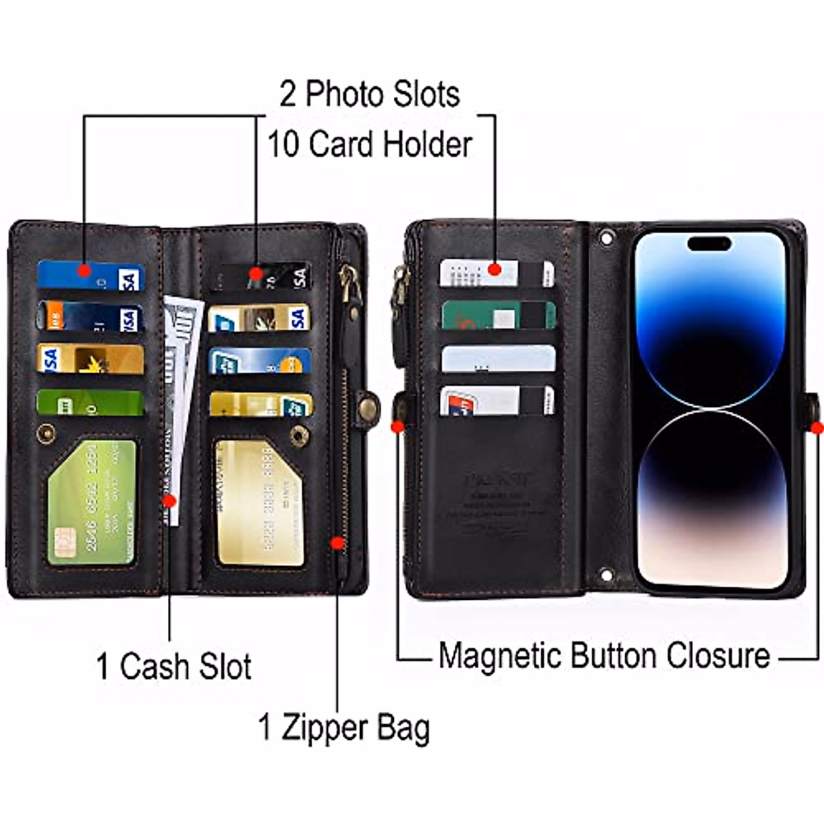 DKDKSIP for iPhone 14 Pro Max Wallet Case for Women, Support Wireless Charging with RFID Blocking Card Holder, Leather Zipper 2 in 1 Detachable Magnetic Phone Case with Crossbody Strap Wristlet, Black